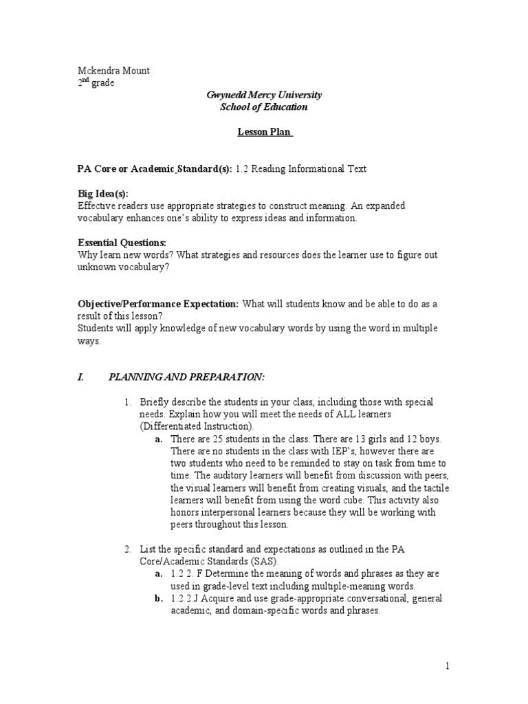 Vocab Lesson Plan | PDF | Learning | Vocabulary