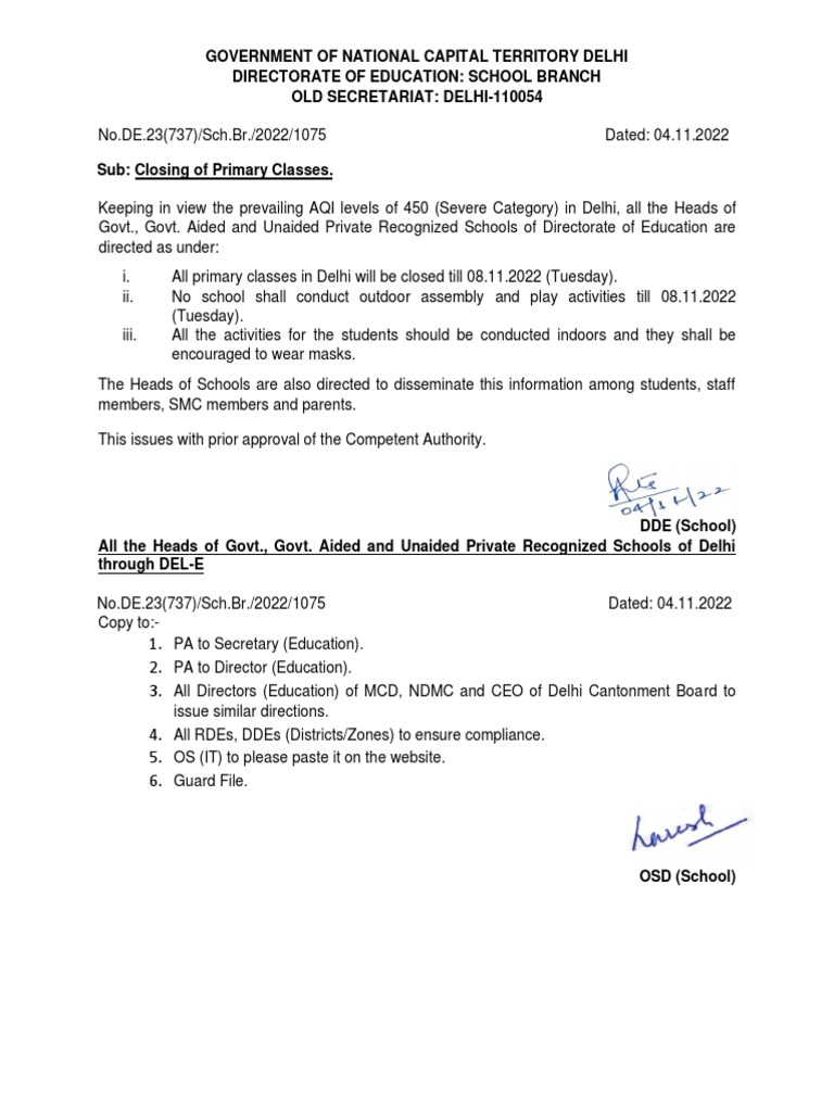 Directive to Close Primary Classes and Restrict Outdoor Activities in ...