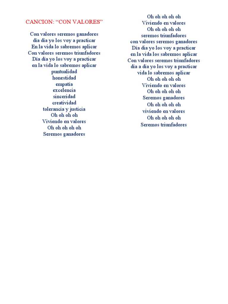 Canción "Con Valores" para Niños | PDF | Cocina, comidas y vino | Salud ...