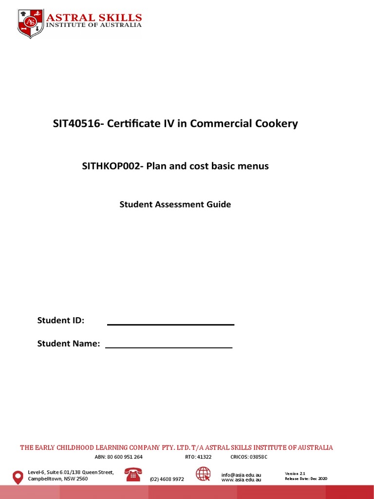 V2 - SITHKOP002 - Plan and Cost Basic Menus - Student | PDF | Menu | Foods