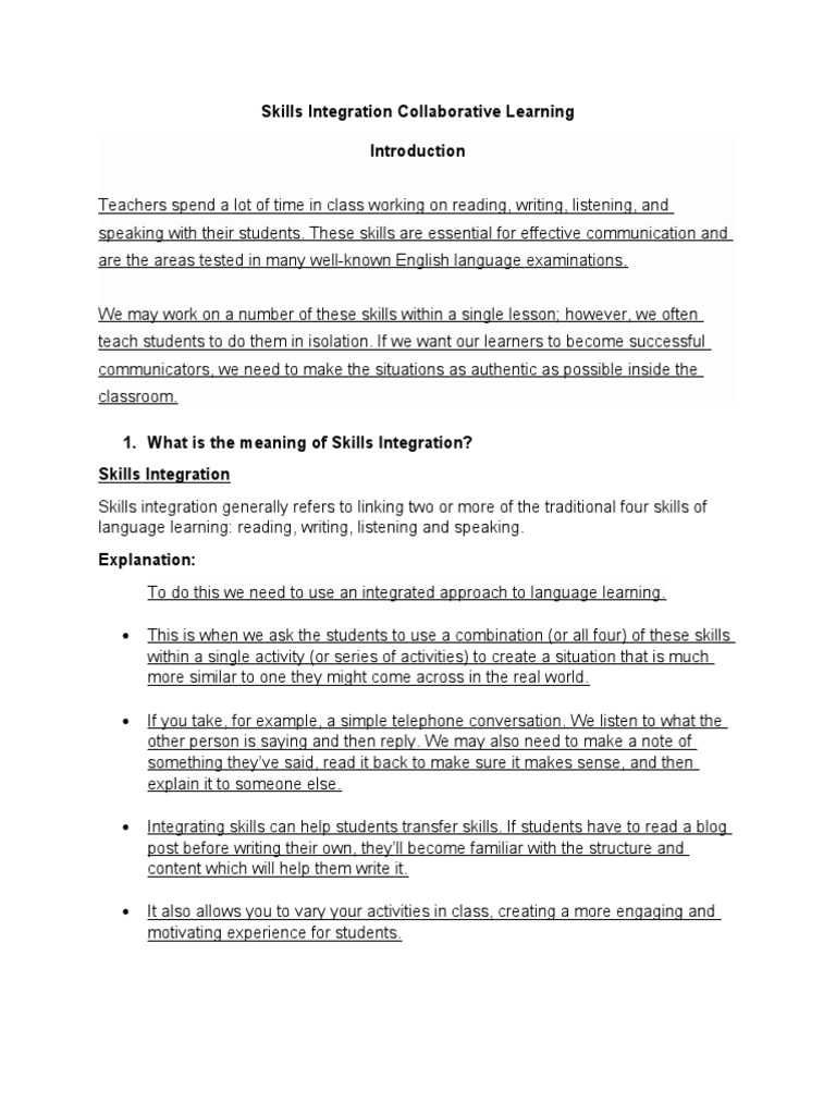 Skills Integration Collaborative Learning | PDF | Learning | Teaching ...