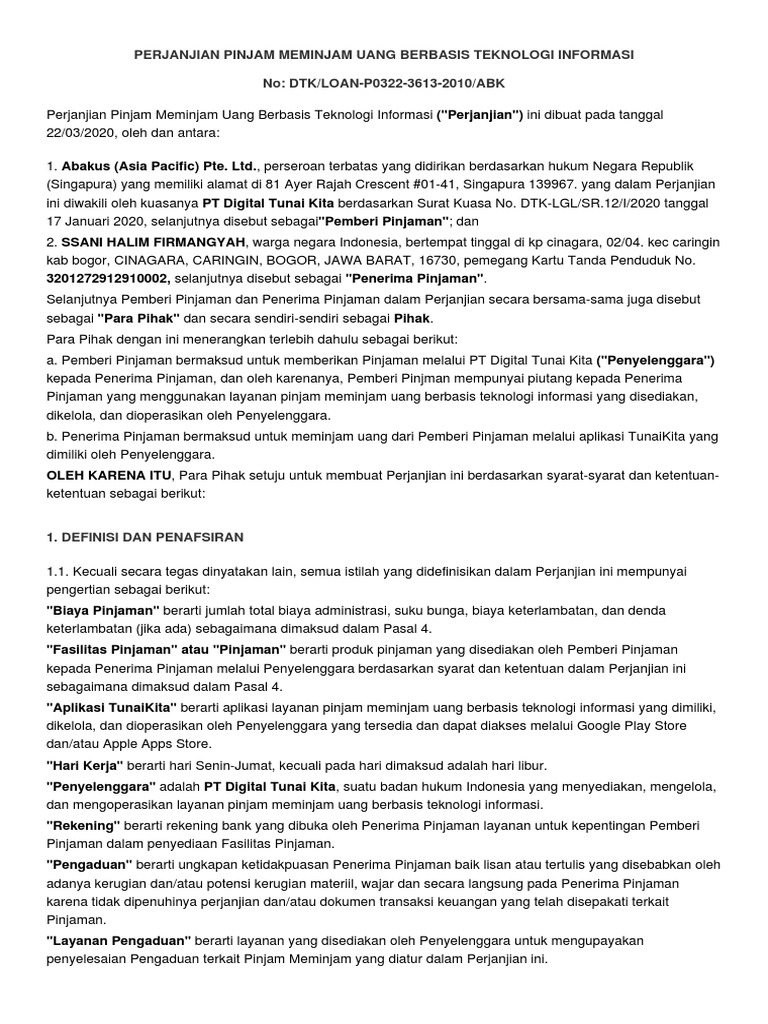 Perjanjian Pinjam Meminjam - 613-2010 | PDF | Bisnis | Pengelolaan Keuangan & Uang