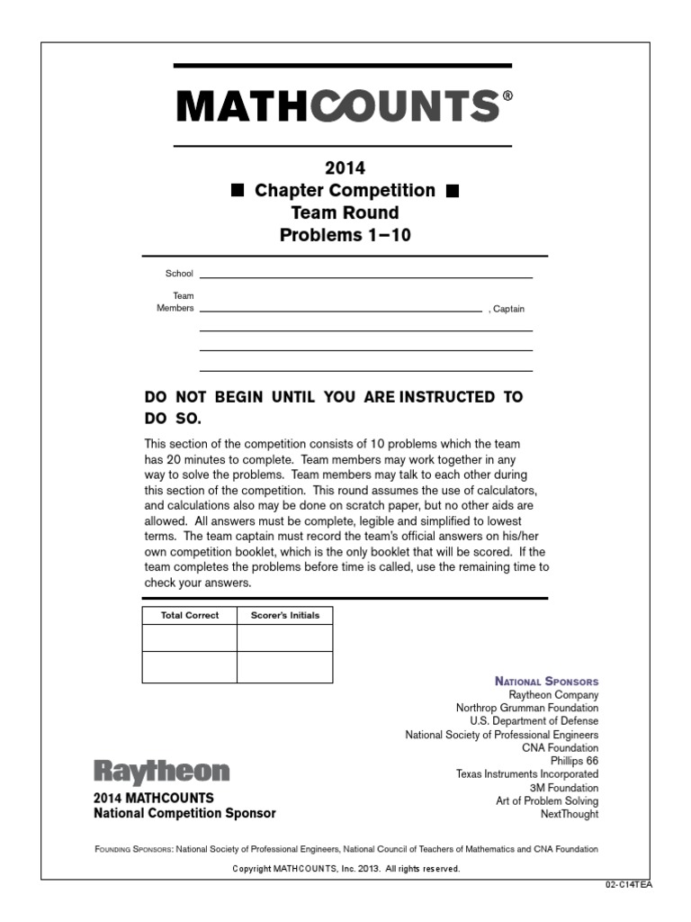MATHCOUNTS 2014 Chapter Competition - Team Round | PDF | Mathematics ...