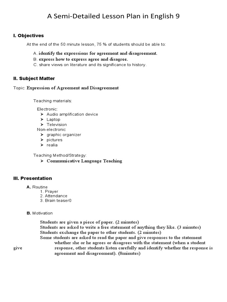 Agreement and Disagreement Lesson Plan | PDF | Lesson Plan | Teaching ...