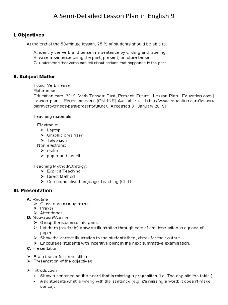 Verb Tense Lesson Plan In English 9 Pdf Preposition And