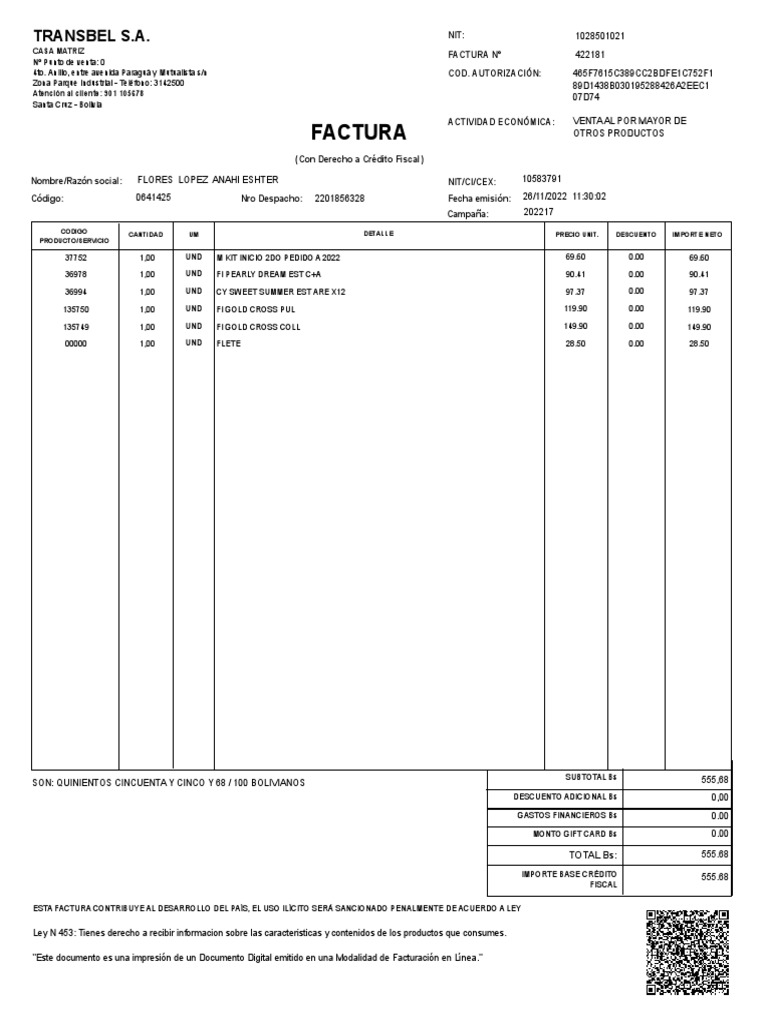 Factura: Transbel S.A | PDF