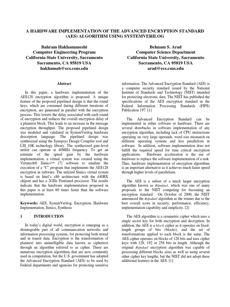 Hardware Implementation Of The Aes Algorithm Using Systemverilog Pdf