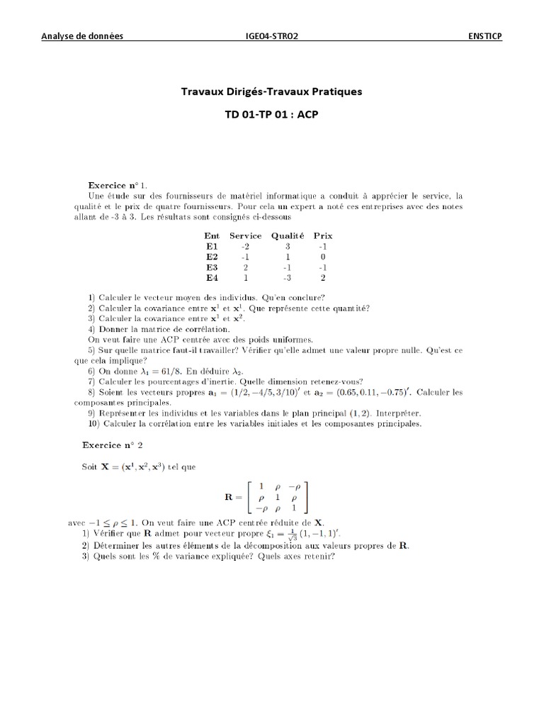 Exercices corrigés sur l'ACP | PDF | Analyse des données | Analyse en ...