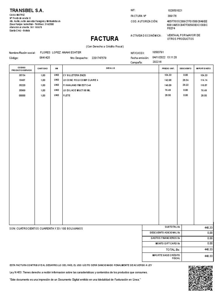 Factura: Transbel S.A | PDF