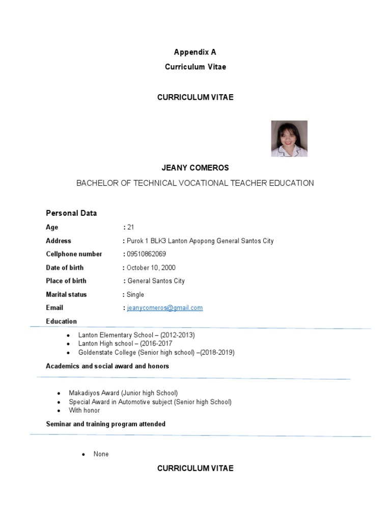 Appendix A (Curriculum Vitae) | PDF | Vocational Education | Schools