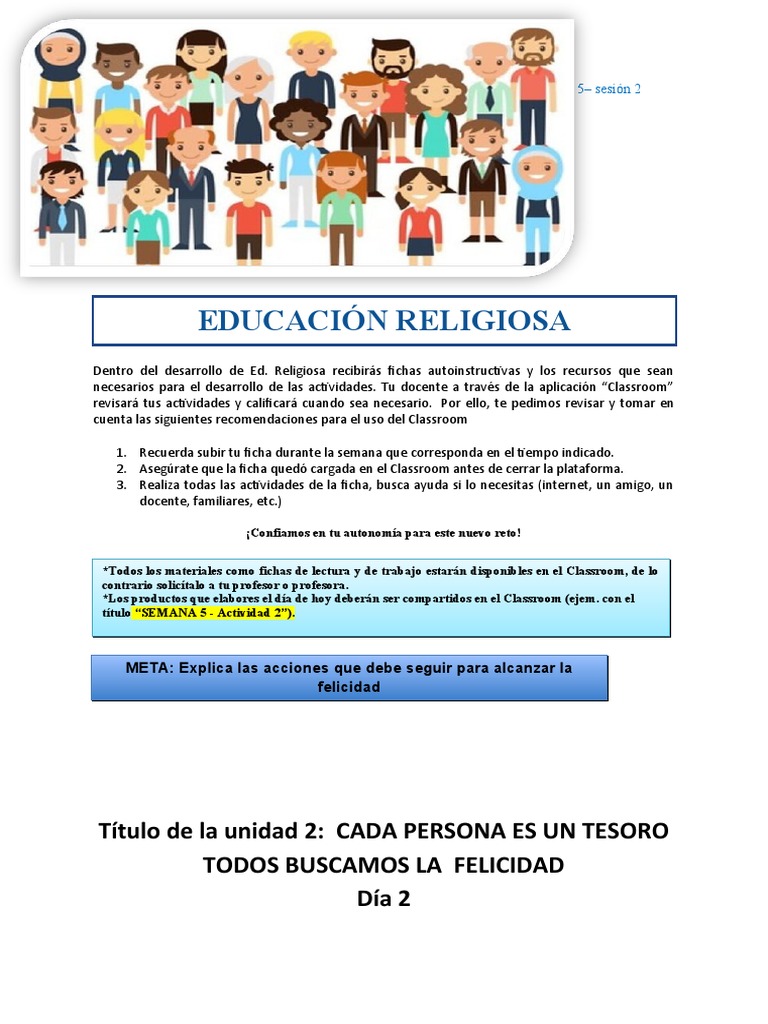 Religion Semana 5 Ficha 2 | PDF | Felicidad | Maestros