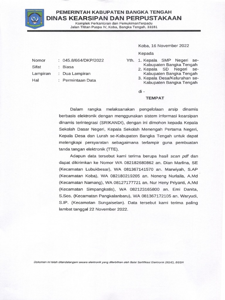 Permintaan Data Untuk Pembuatan Tanda Tangan Elektronik (Tte) | PDF