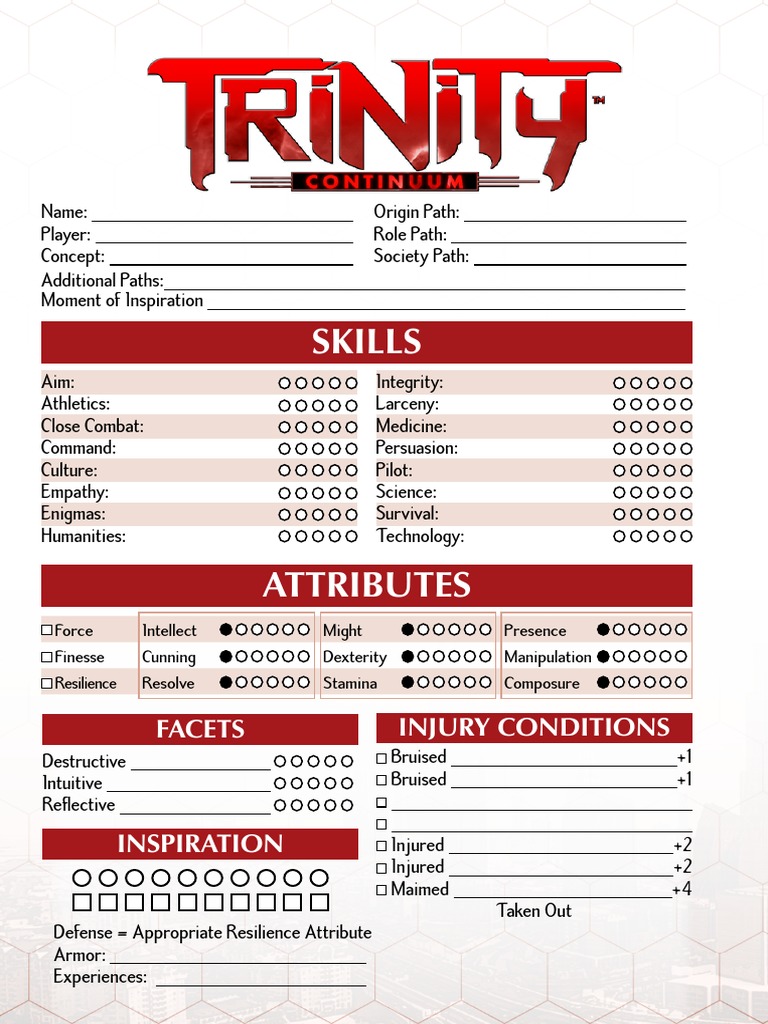 Character Sheet for Trinity RPG | PDF
