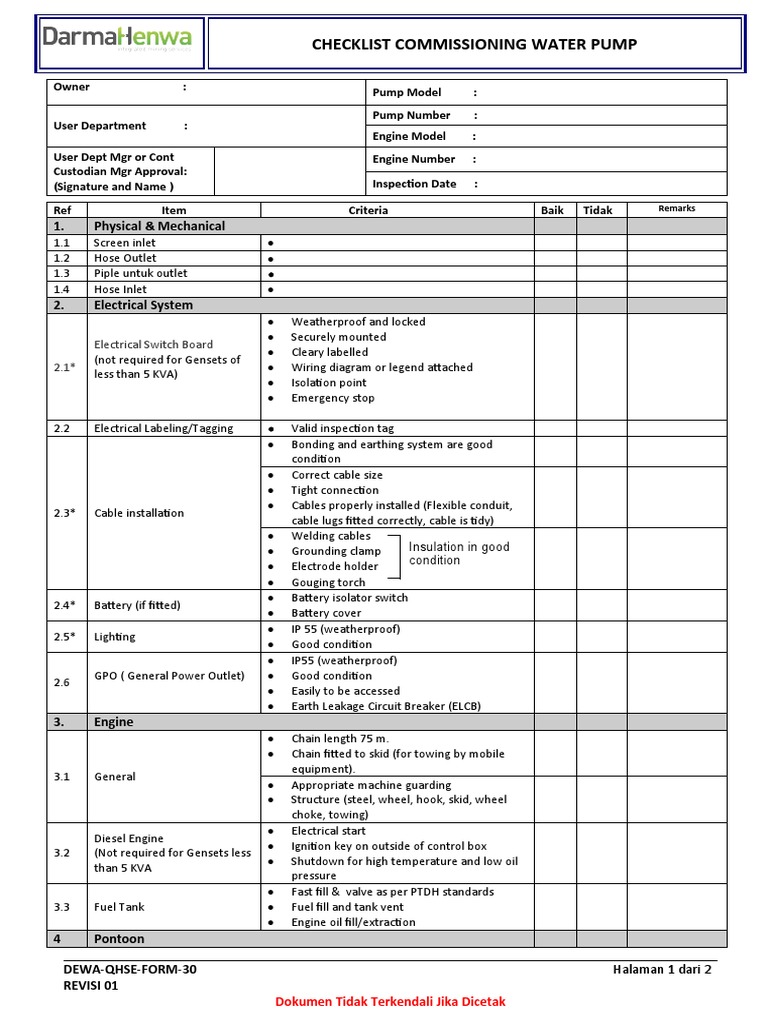 DEWA-QHSE-ForM-30. Checklist Commisioning Water Pump | PDF | Power ...