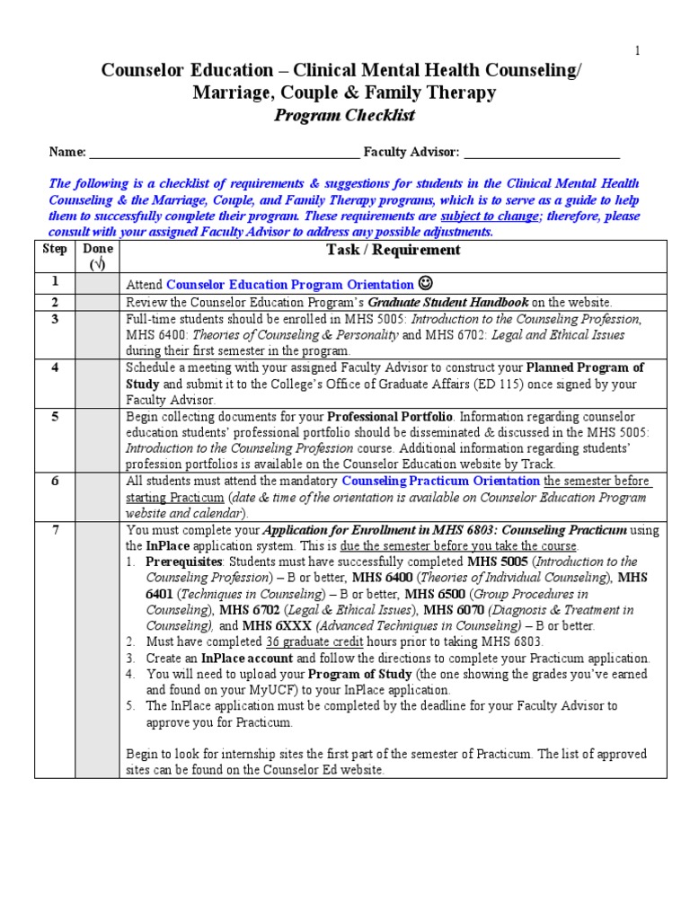 CMHC MCFT Program Checklist | PDF | Counseling Psychology | School ...