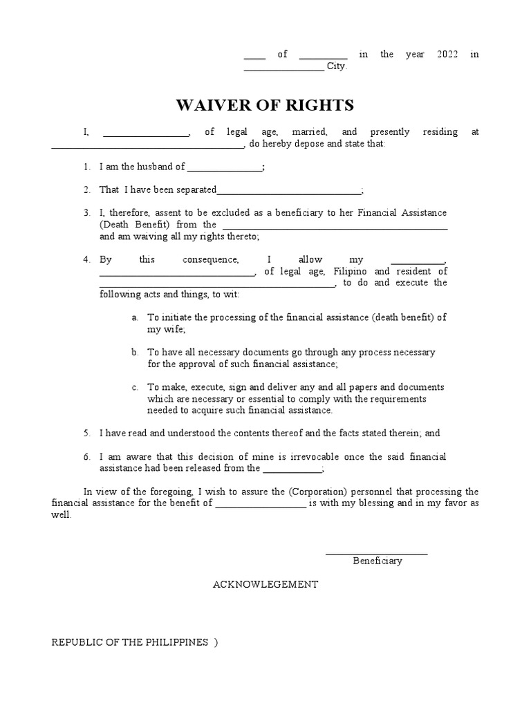 Sample Waiver of Rights for Death Benefits | PDF | Notary Public ...