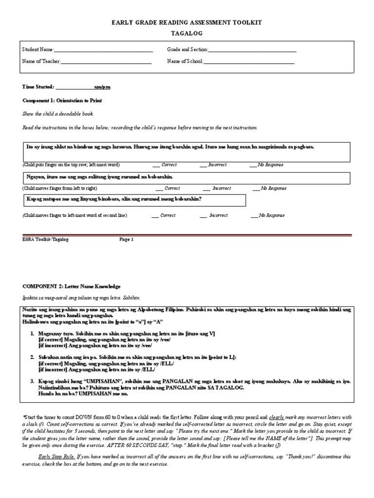 Filipino Egra Toolkit Gr. 1 | PDF