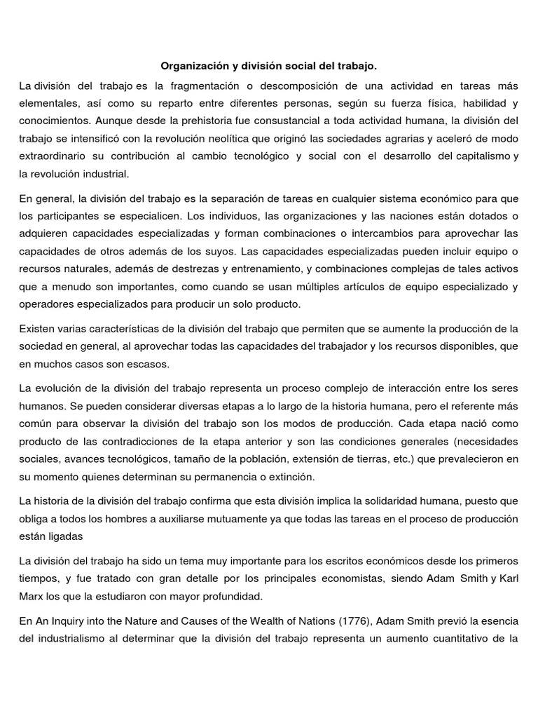 Organización y División Social Del Trabajo | PDF | Division de trabajo ...