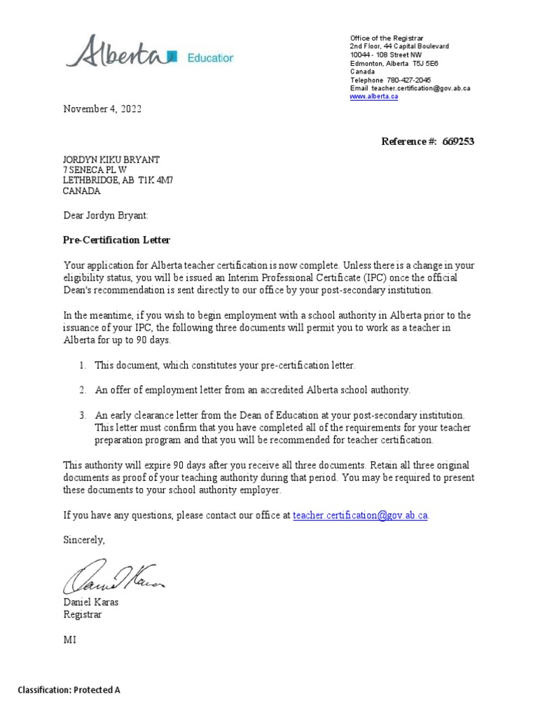 Alberta Pre-Certification Letter | PDF