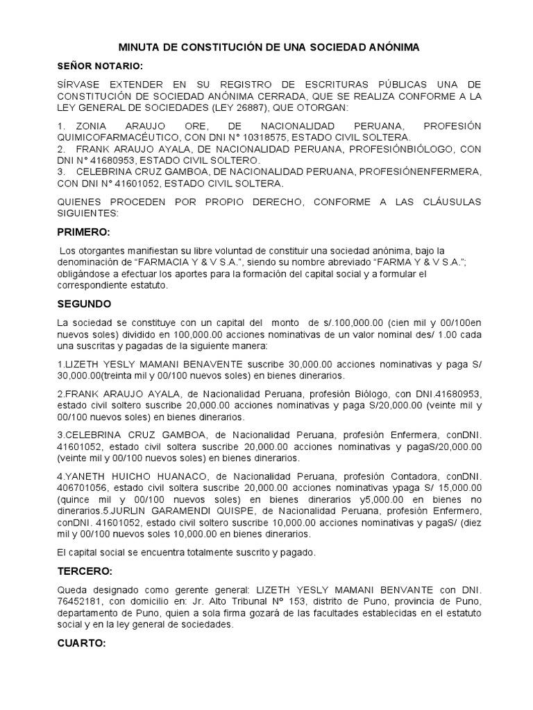 Minuta de Constitución de Una Sociedad Anónima | PDF | Dividendo | Comisión Europea