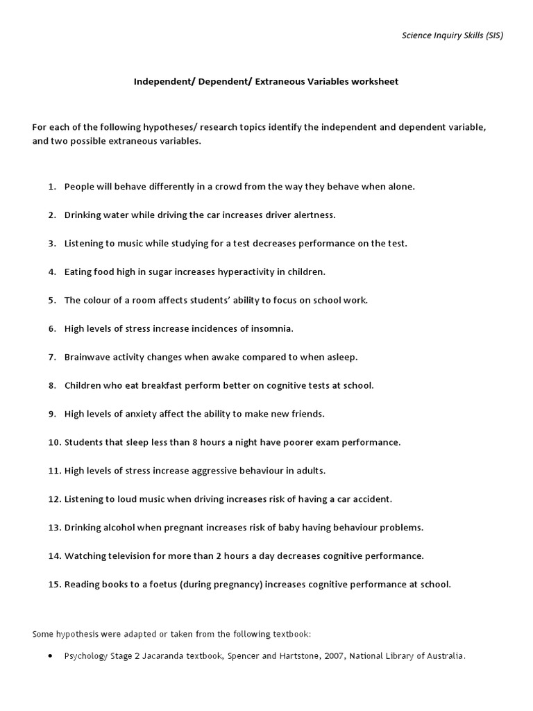 Independent Dependent Extraneous Variables Worksheet 1 | PDF
