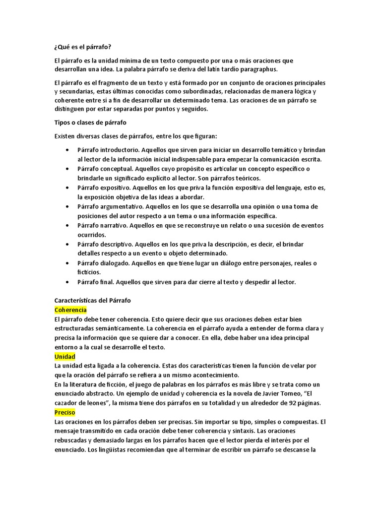 Definición y Tipos de Párrafo | PDF | Párrafo | Oración (Lingüística)