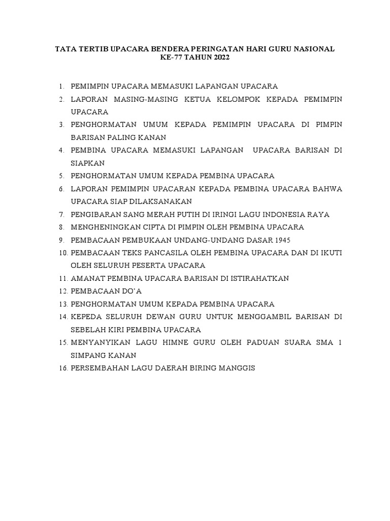 Tata Tertib Upacara Bendera Peringatan Hari Guru Nasional | PDF