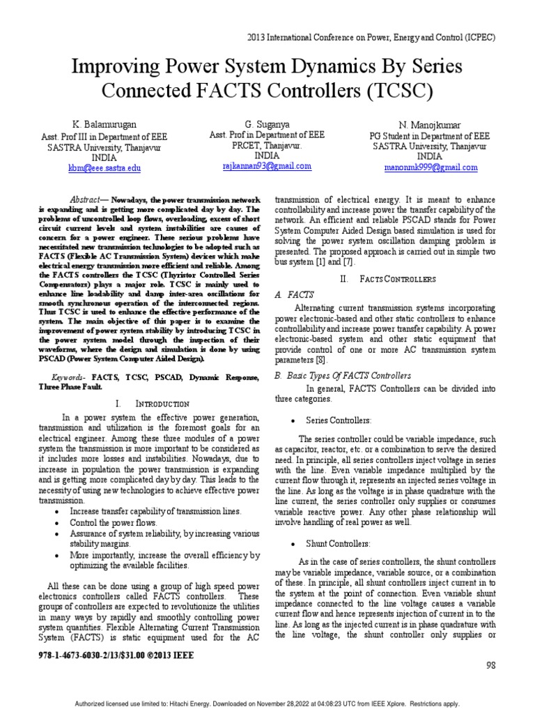 Improving Power System Dynamics By Series Connected Facts Controllers Tcsc Pdf Capacitor
