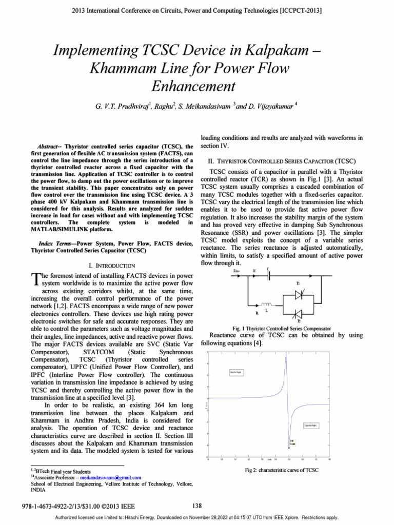 Implementing TCSC Device in Kalpakam - Khammam Line For Power Flow Enhancement | PDF | Electric ...