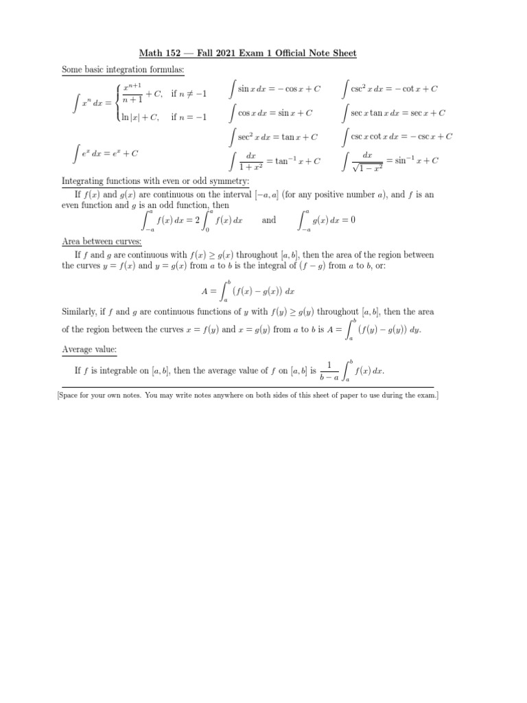 Math 152 Exam 1 Official Note Sheet | PDF | Trigonometric Functions ...