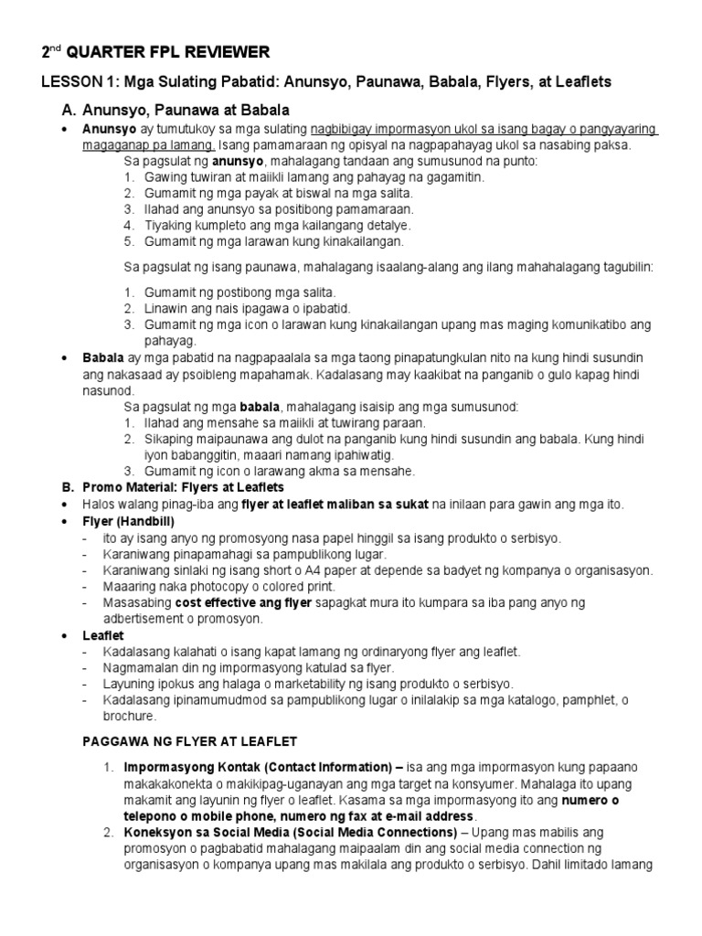 2nd QUARTER FPL REVIEWER GR 11 | PDF