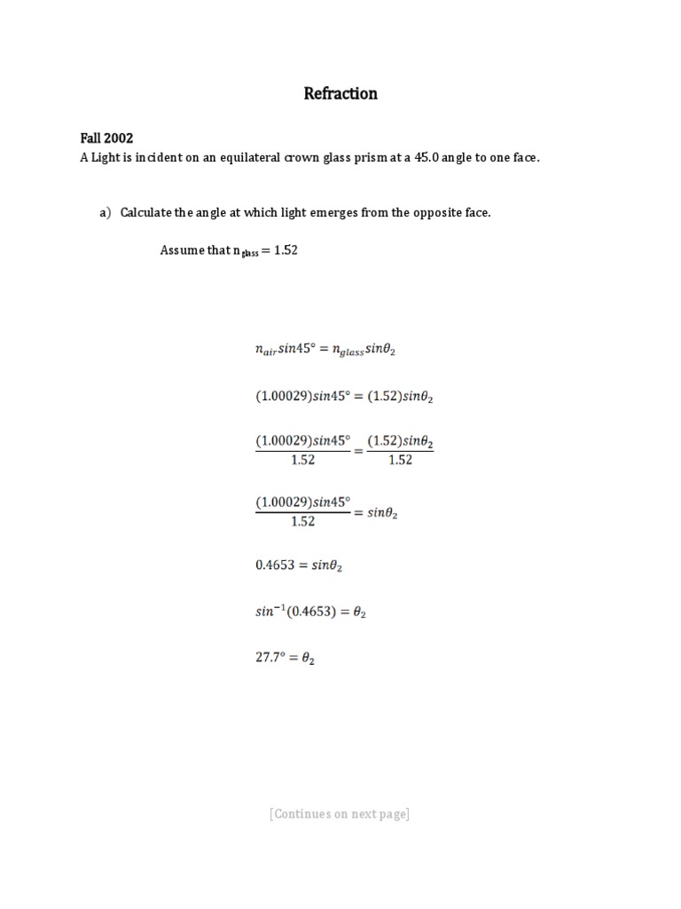 Refraction Worksheet | PDF