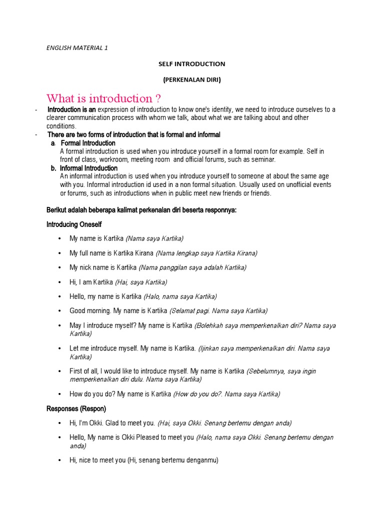 English Material 1 Self Introduction | PDF | Language Arts & Discipline