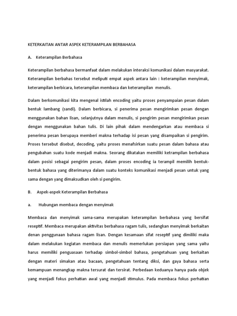Keterkaitan Antara Aspek Keterampilan Berbahasa | PDF