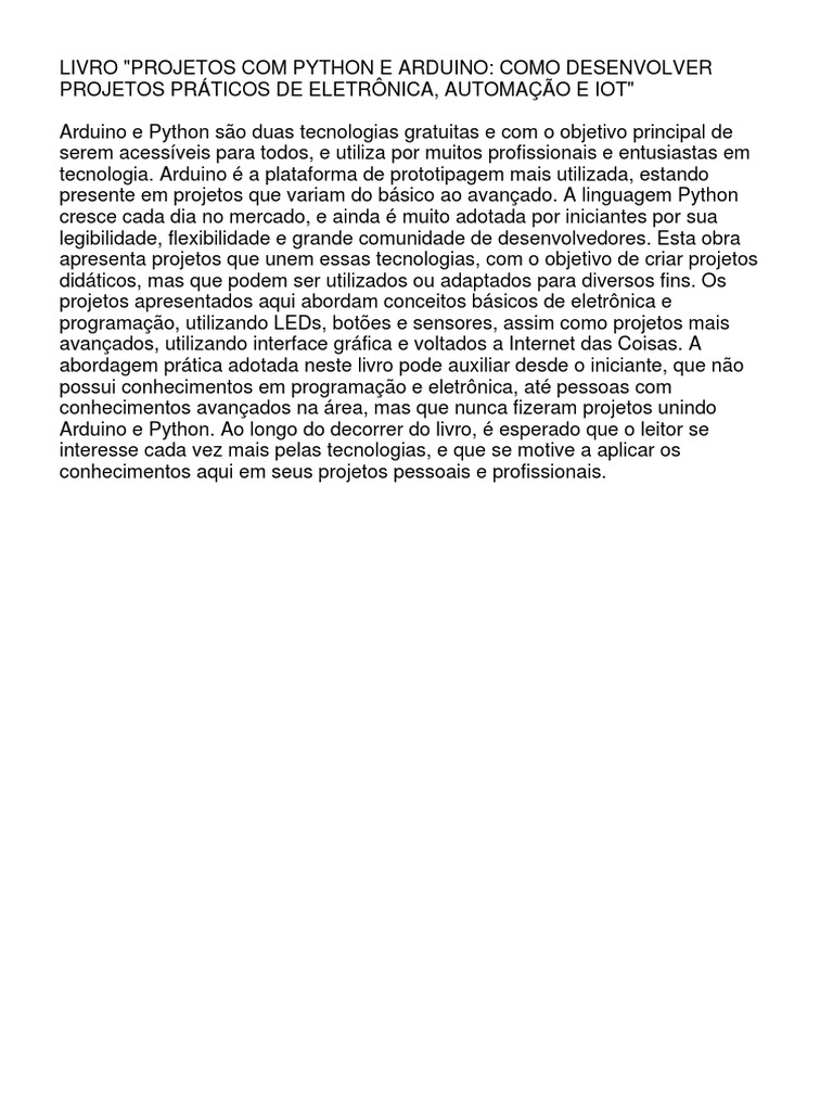 Livro Projetos Com Python E Arduino Como Desenvolver Projetos
