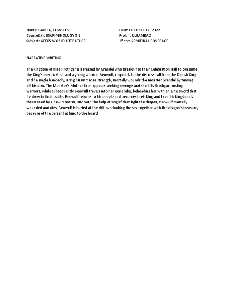 Narrative Writing Beowulf | PDF
