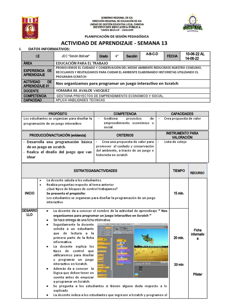 Semana 13 Actividad de Aprendizaje 4° | PDF | Scratch (lenguaje de programación) | Aprendizaje