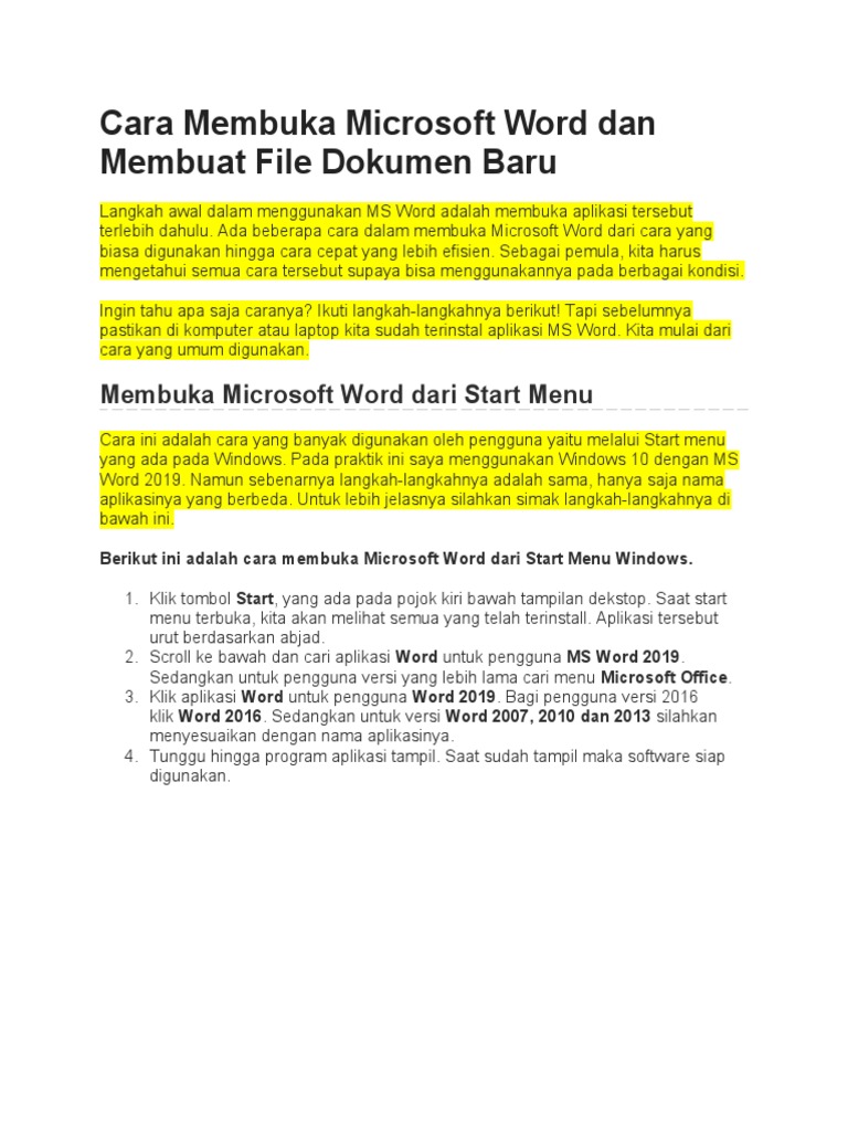 Cara Membuka Microsoft Word Dan Membuat File Dokumen Baru | PDF