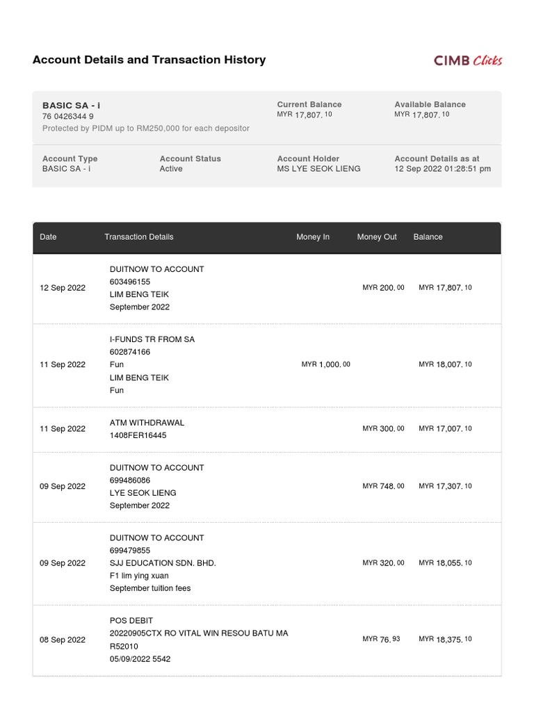 Account Details and Transaction History: Basic Sa - I | PDF | Debit ...