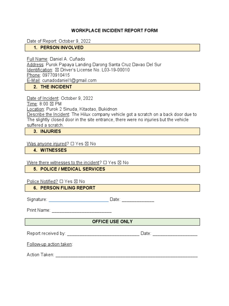 Workplace Incident Report Form | PDF | Business | Law