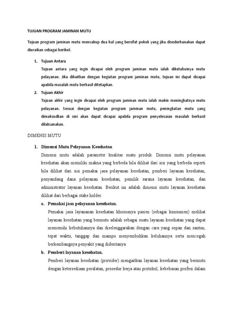 Tujuan dan Dimensi Mutu Pelayanan Kesehatan | PDF