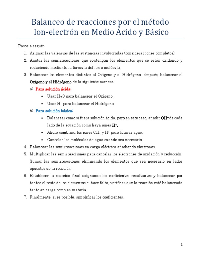 Pasos A Seguir. Método Ion Electron Medio Acido Básico | PDF