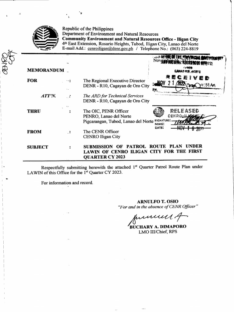 Submission of Patrol Route Plan Under Lawin of CENRO Iligan City For ...