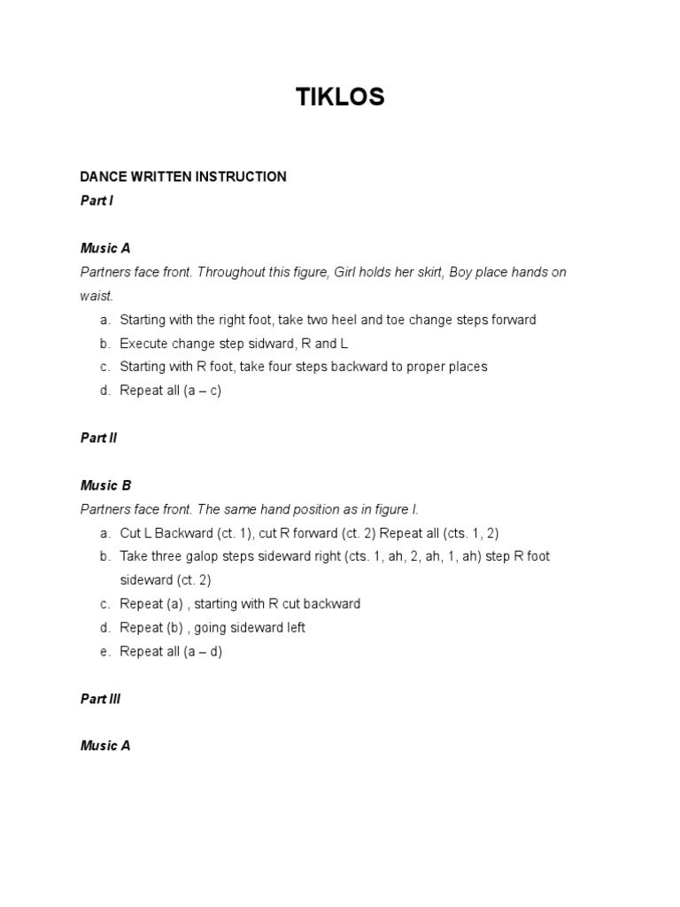 TIKLOS - DANCE WRITTEN INSTRUCTION - Wellness and Fitness | PDF