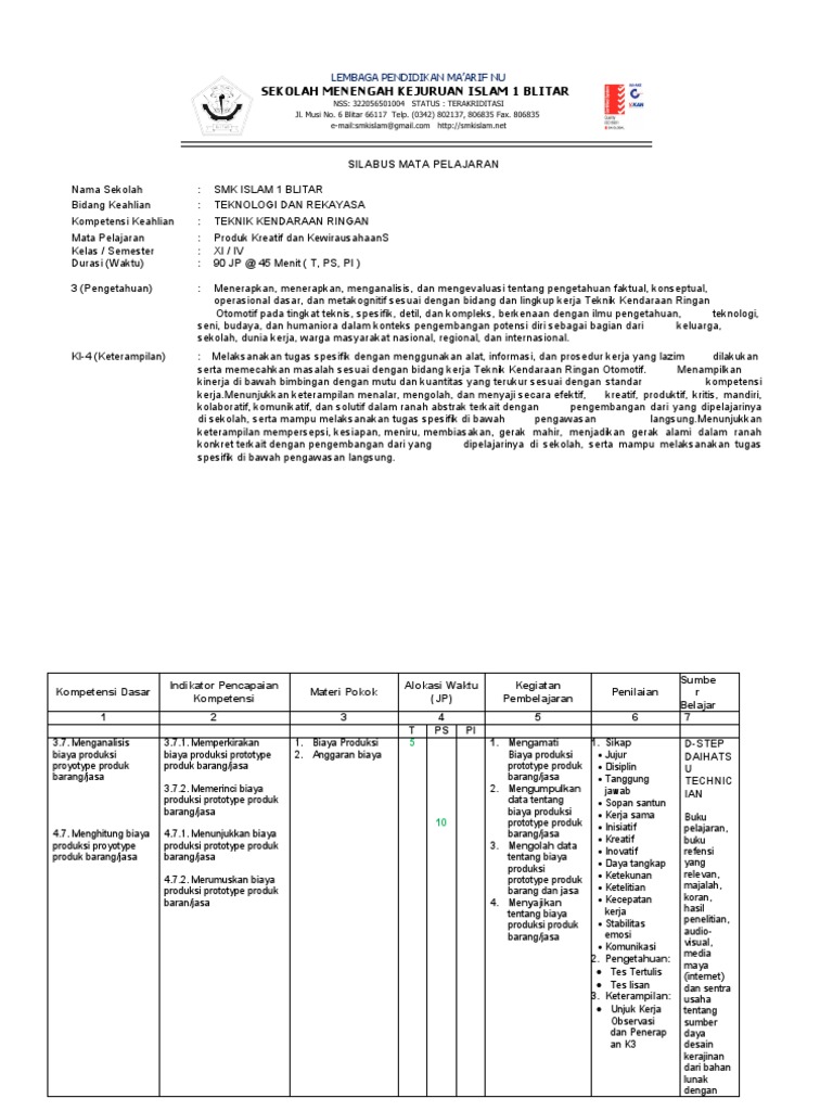 SILABUS MATA PELAJARAN PKK TKR KELAS XI Semester IV | PDF