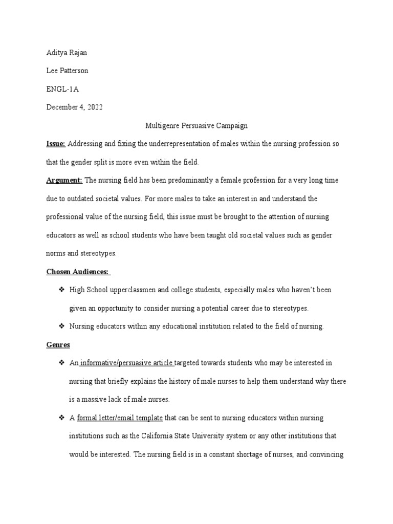 Project 3 Multigenre Persuasive Campaign | PDF | Nursing | Gender
