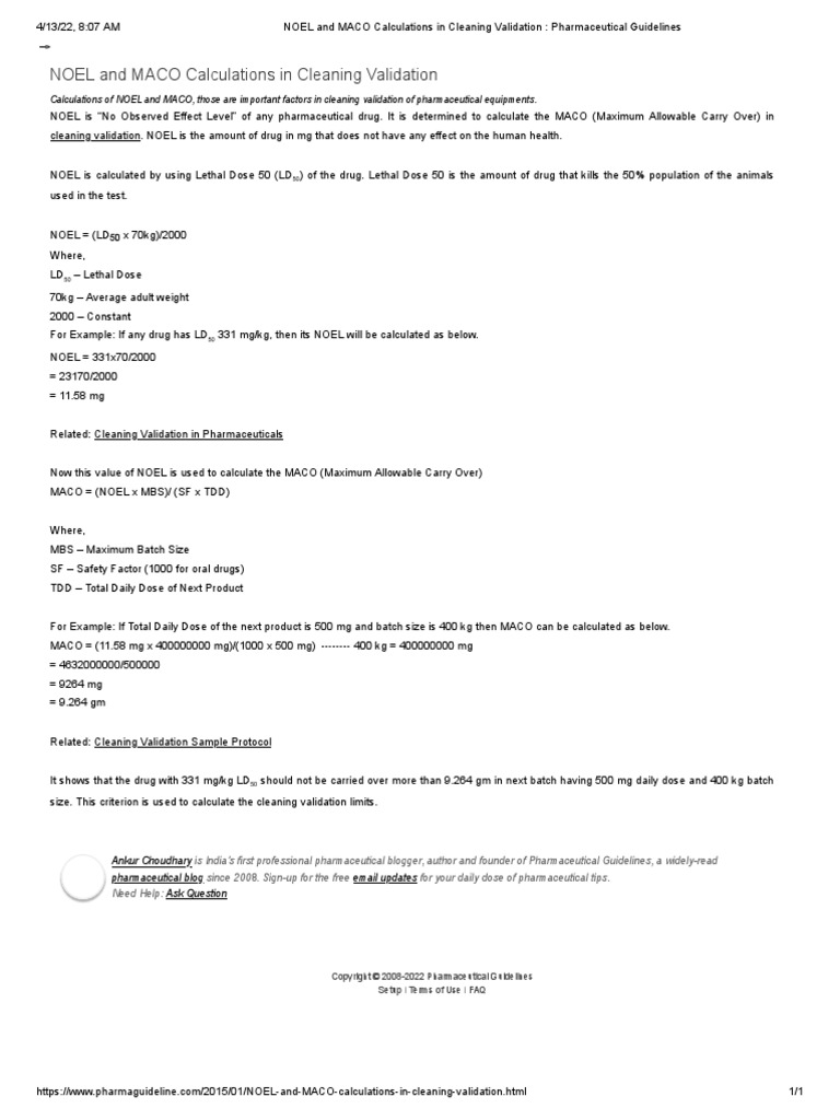 NOEL and MACO Calculations in Cleaning Validation - Pharmaceutical ...