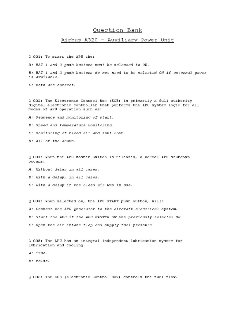 A320 Question Bank APU | PDF | Valve | Manufactured Goods A320 Question Bank APU | PDF | Valve | Manufactured Goods