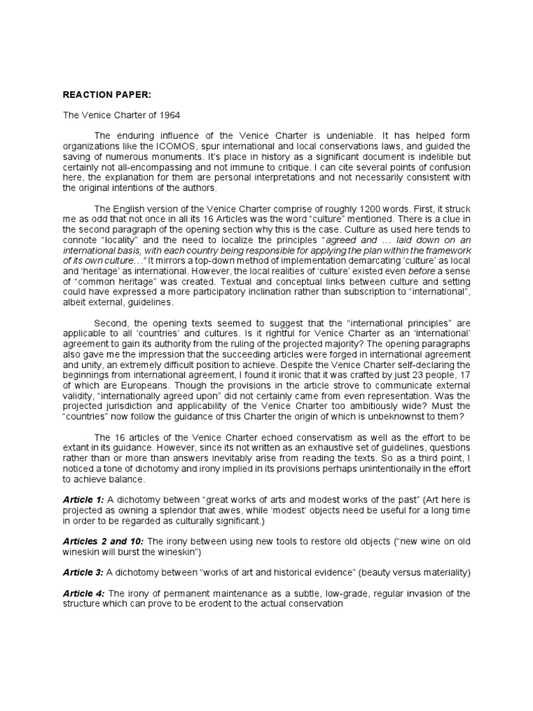Reaction Paper - The Venice Charter 1964 | PDF | Sustainability ...