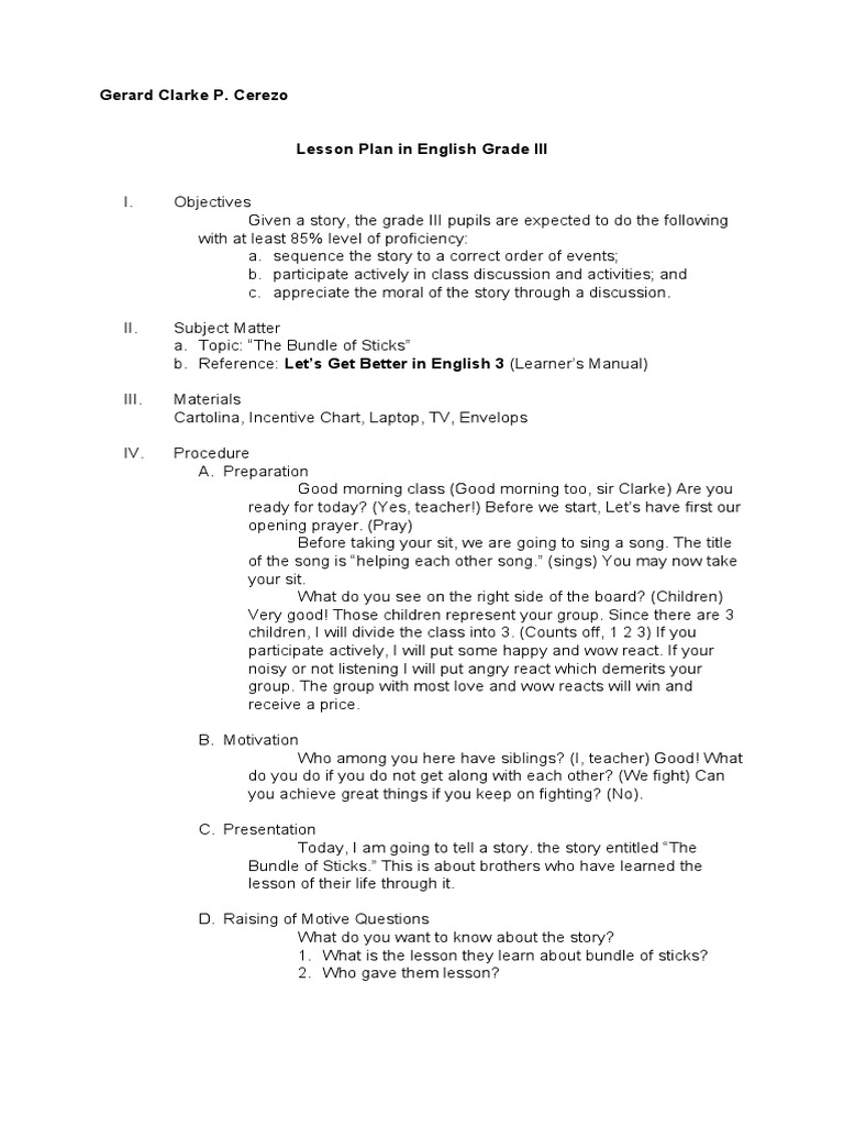 Lesson Plan in Demo Teaching (Bundle of Stick) | PDF | Lesson Plan ...